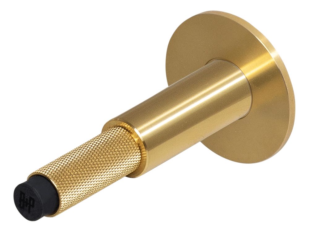 Buster Punch Knurled Pattern Wall Mounted Door Stop 96mm Projection Satin Brass Lacquered G Johns Sons